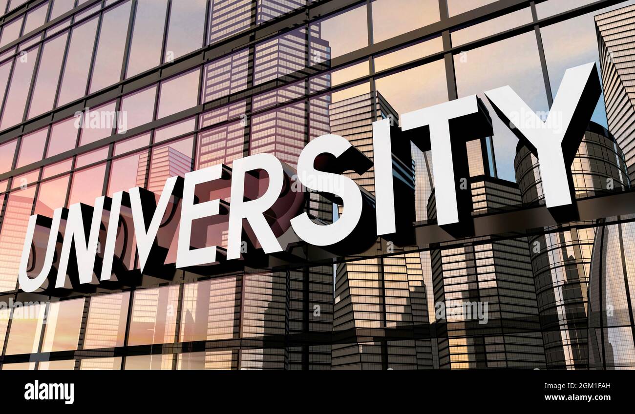 University - typographical concept, sign on glass building - 3D ...