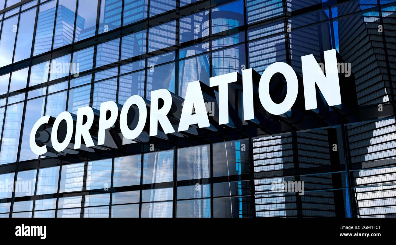 Corporation - typographical concept, sign on glass building - 3D ...