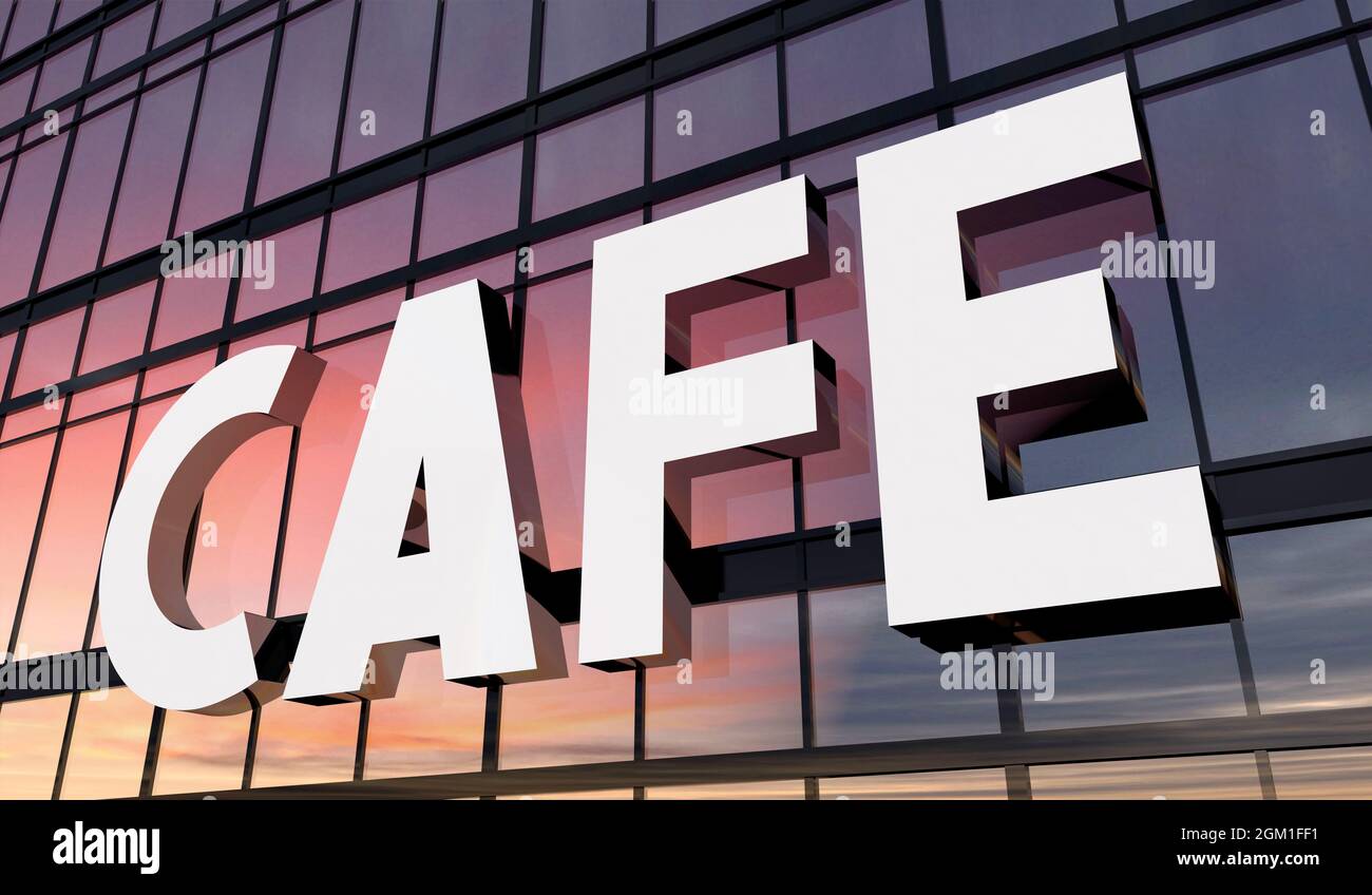 Cafe - typographical concept, sign on glass building - 3D illustration ...