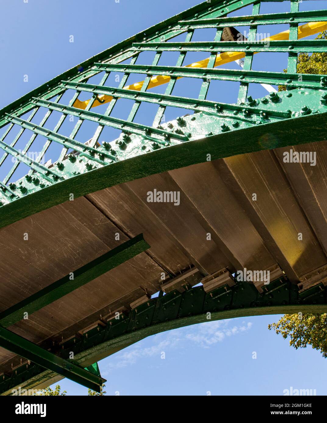 Amberley railway station, West Sussex, UK; the painted ironwork bridge ...