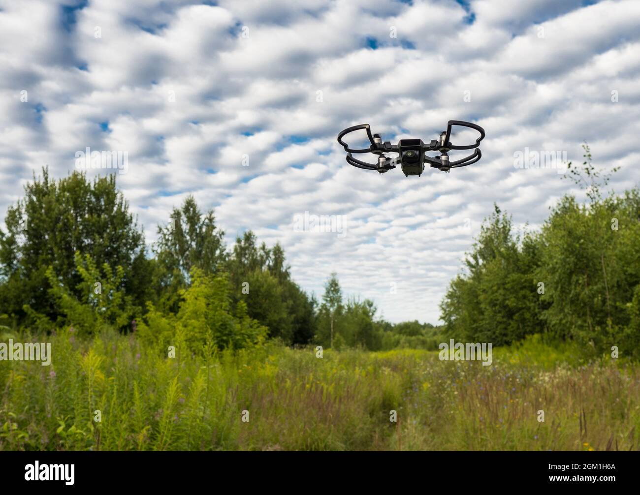 Drone flying over a grassy field surrounded by trees Stock Photo - Alamy