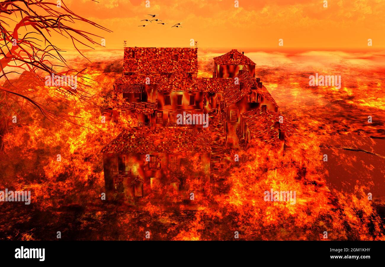 A Village On Fire Stock Photo - Alamy