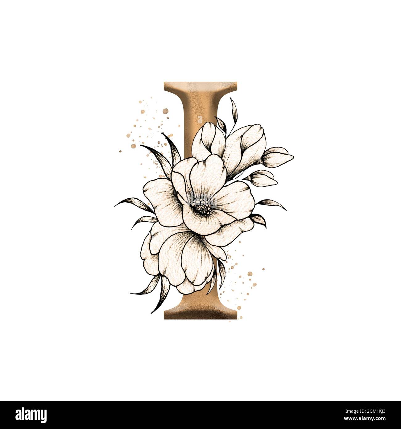Graphic floral alphabet, gold letter I with vintage flowers bouquet ...