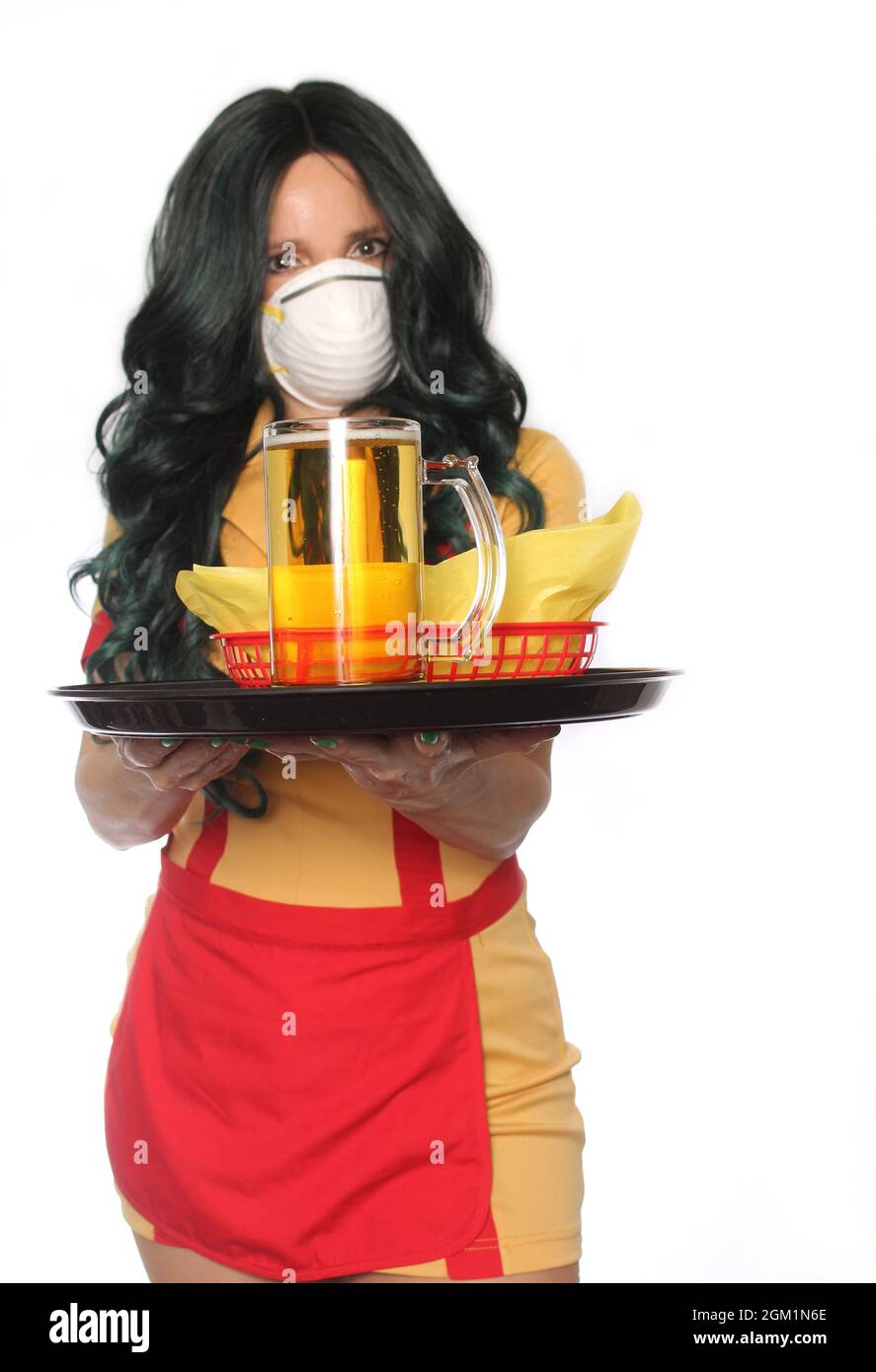 Restaurant and Bar Waitress Wearing Face Mask To Prevent illness Stock ...