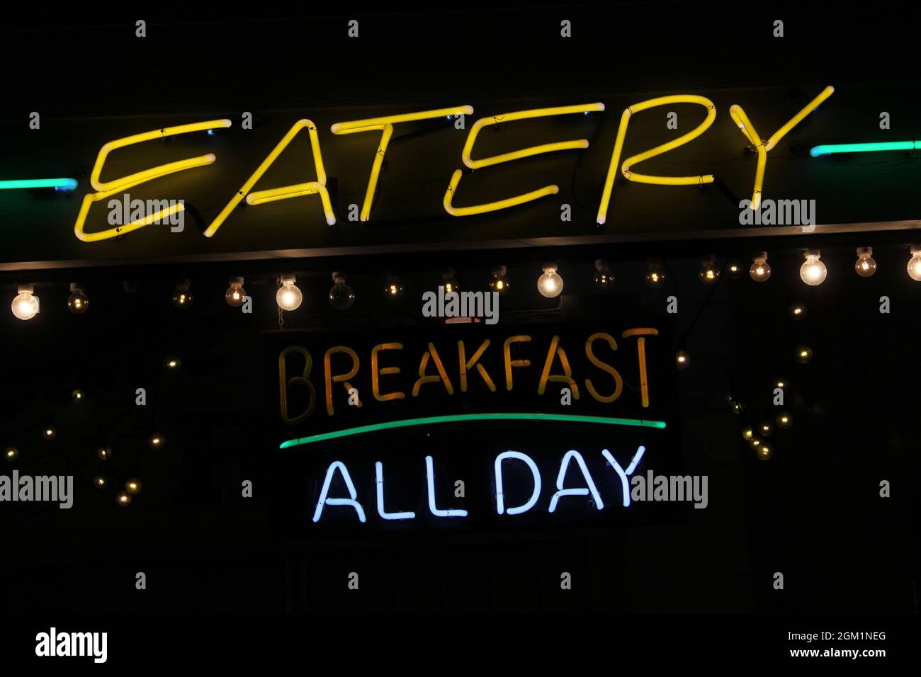 Neon Eatery and Breakfast All Day Sign Stock Photo - Alamy