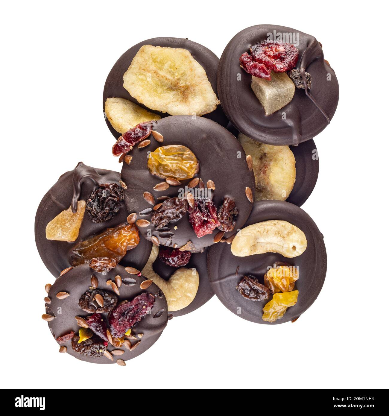 Homemade chocolate pralines with dried fruits isolated on white ...