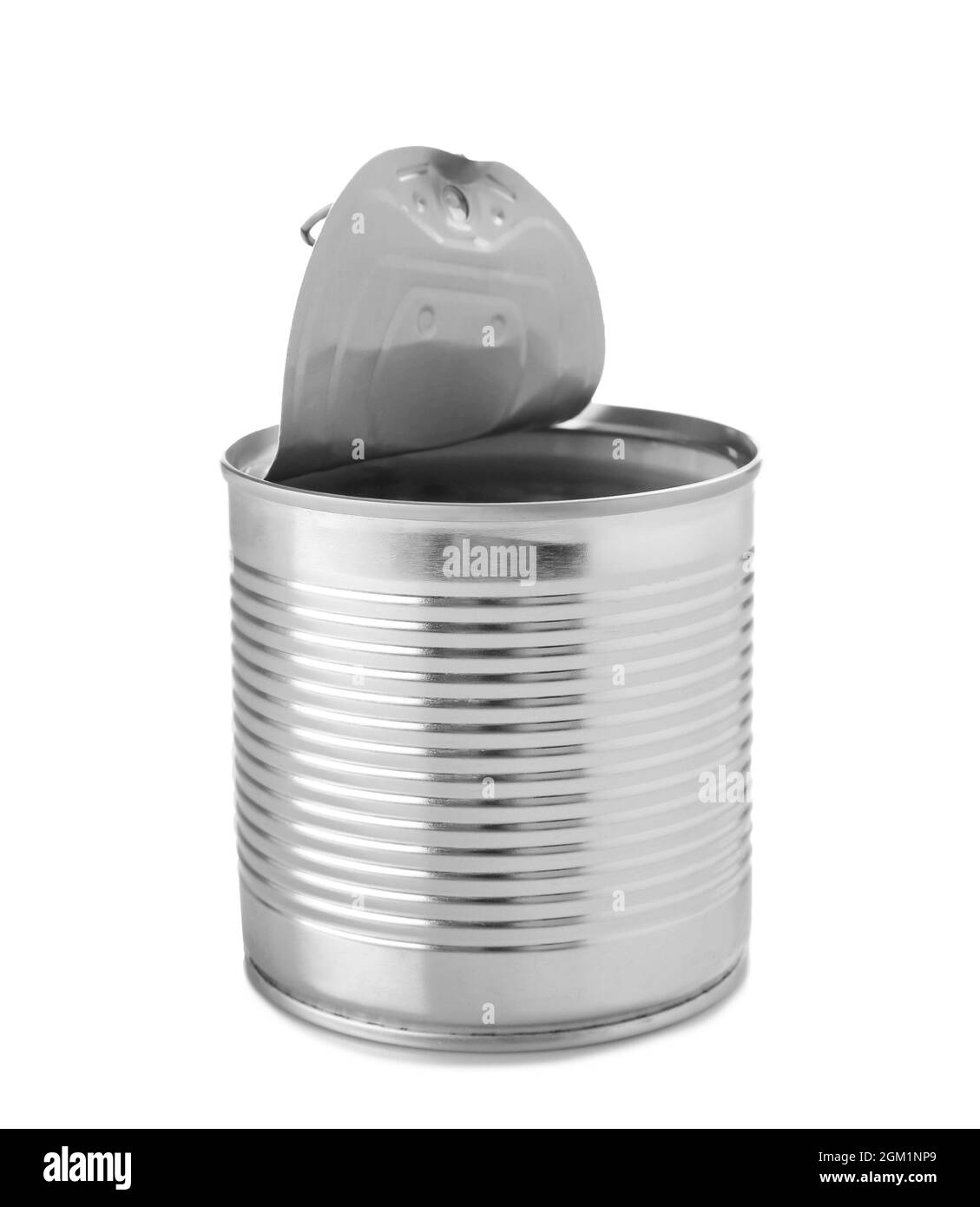 Open tin can on white background Stock Photo - Alamy