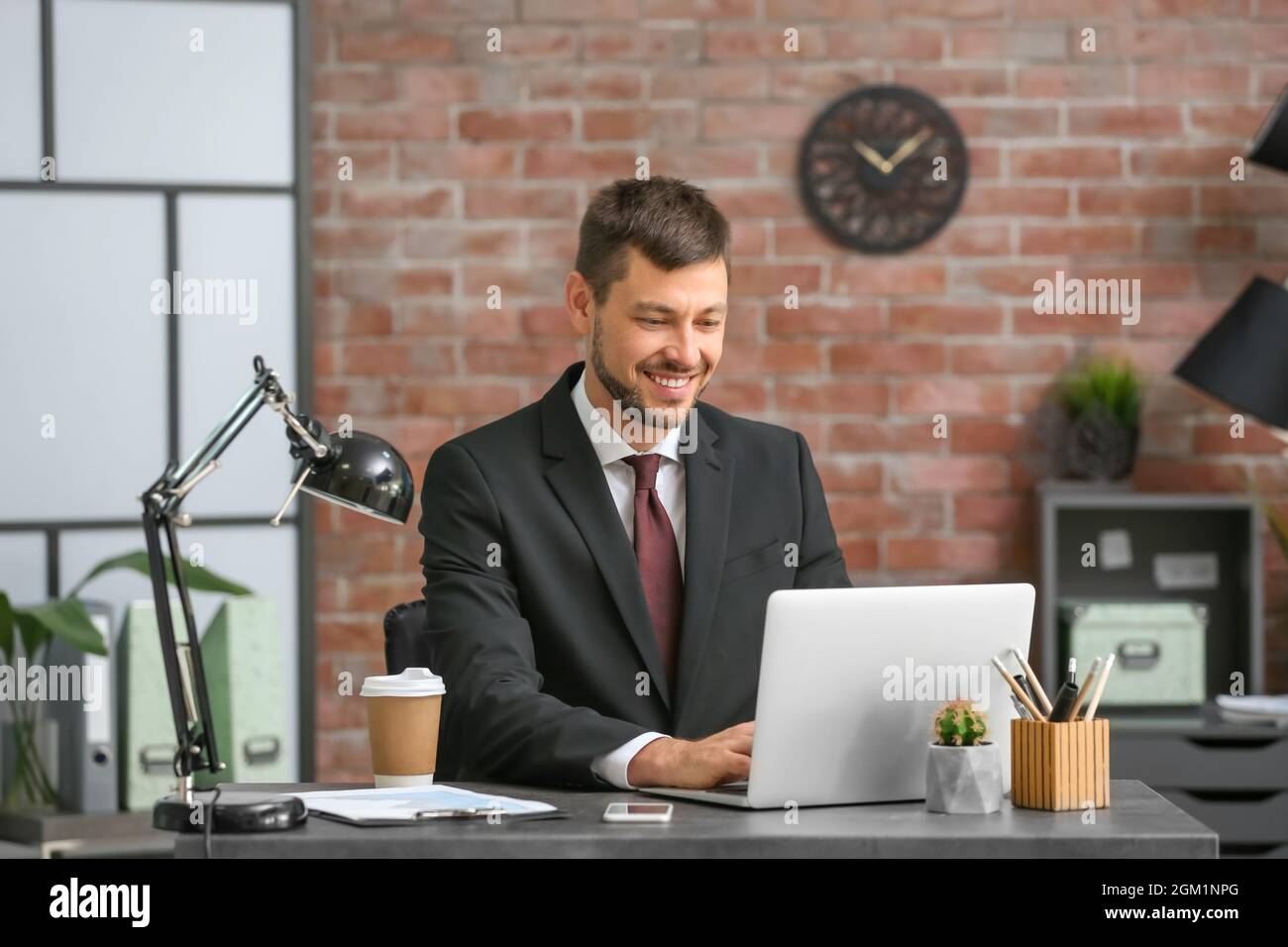 Handsome businessman using his laptop while working in office Stock ...