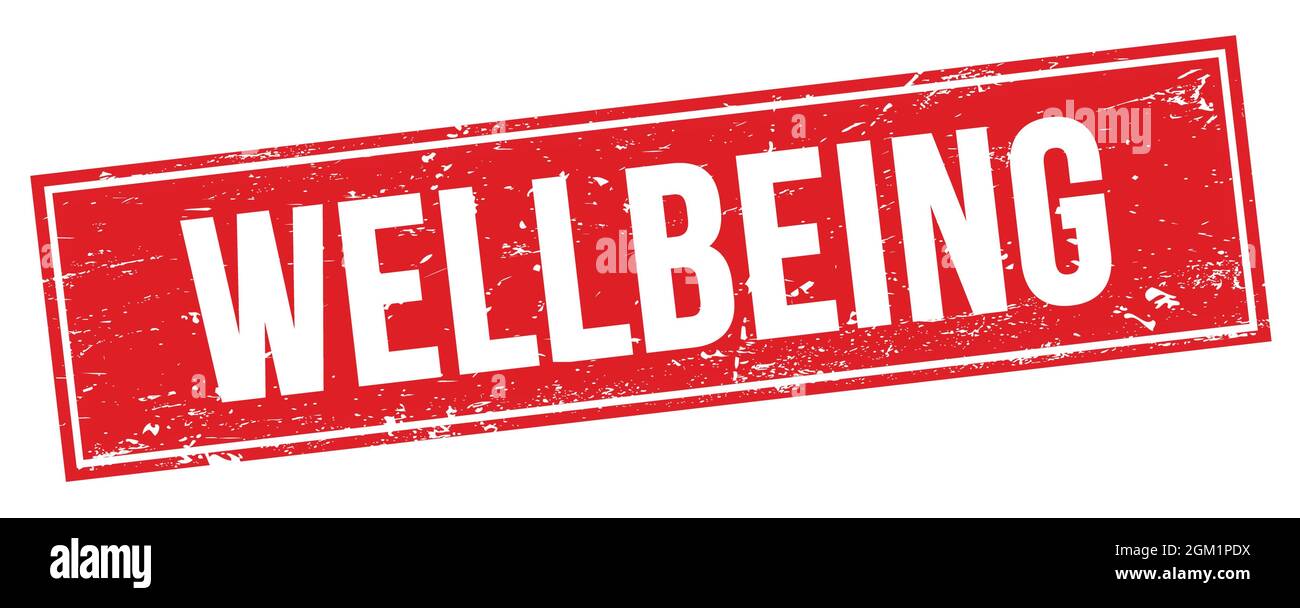 WELLBEING text on red grungy rectangle stamp sign Stock Photo - Alamy