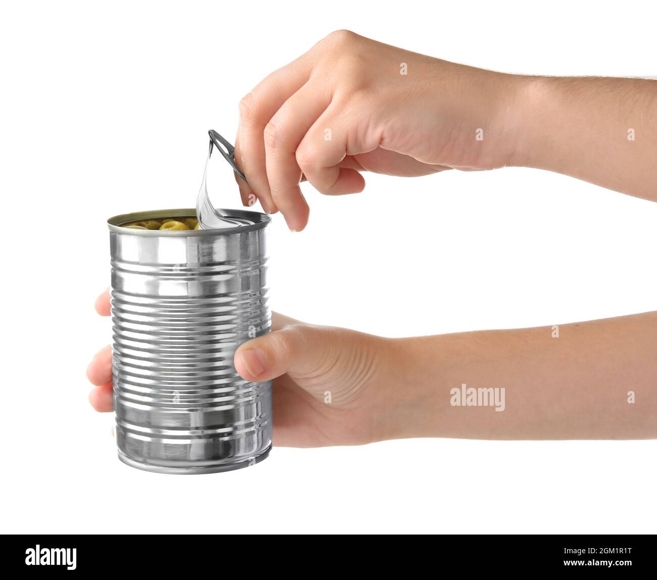 Opened tin can with olives on white background Stock Photo - Alamy