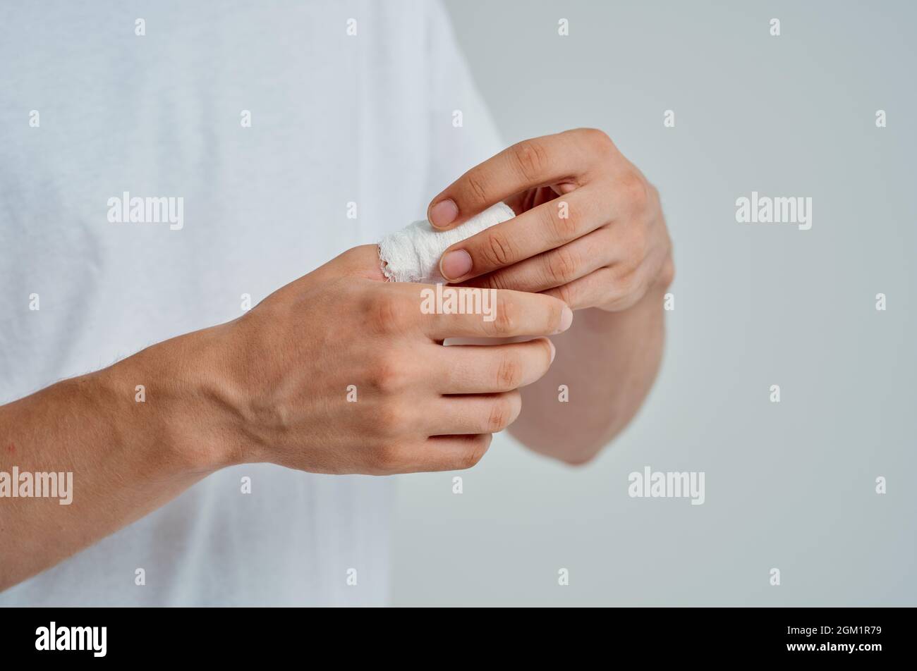 sick man bandaged hand injury to fingers hospital medicine Stock Photo ...