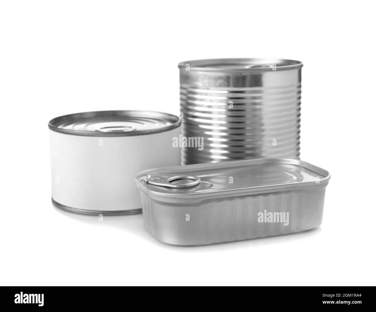 Different tin cans on white background Stock Photo - Alamy