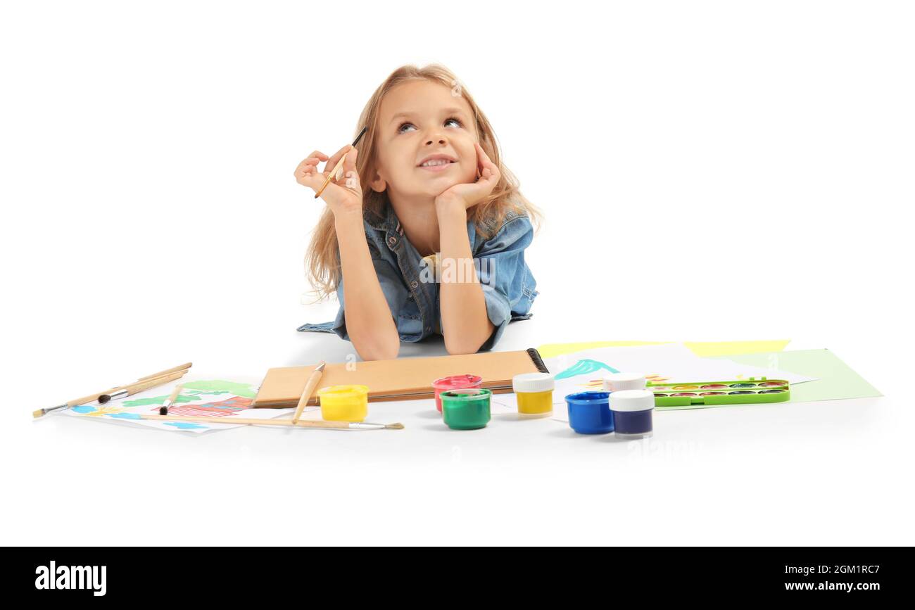 Little girl painting against white background Stock Photo - Alamy