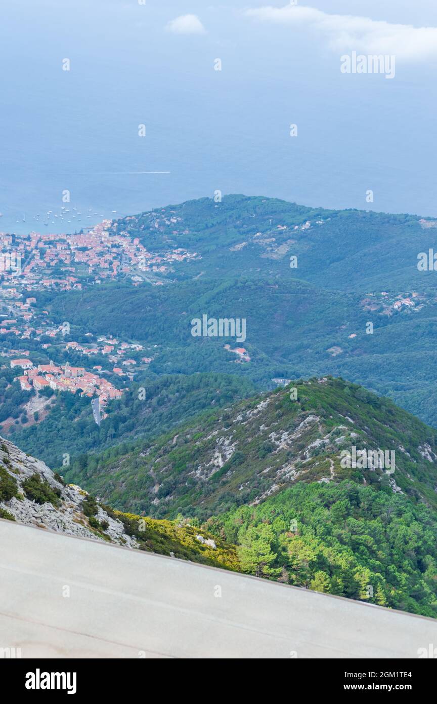 Landscape aerial view of Isola d'Elba seen from the top of Monte ...
