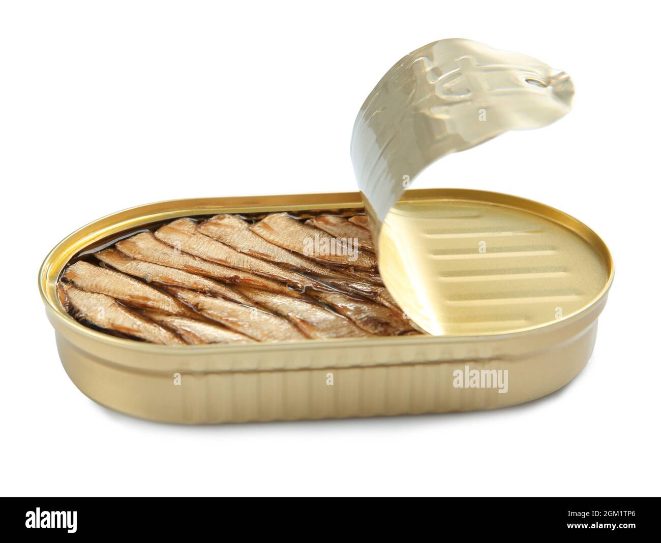 Open tin can with fish on white background Stock Photo - Alamy