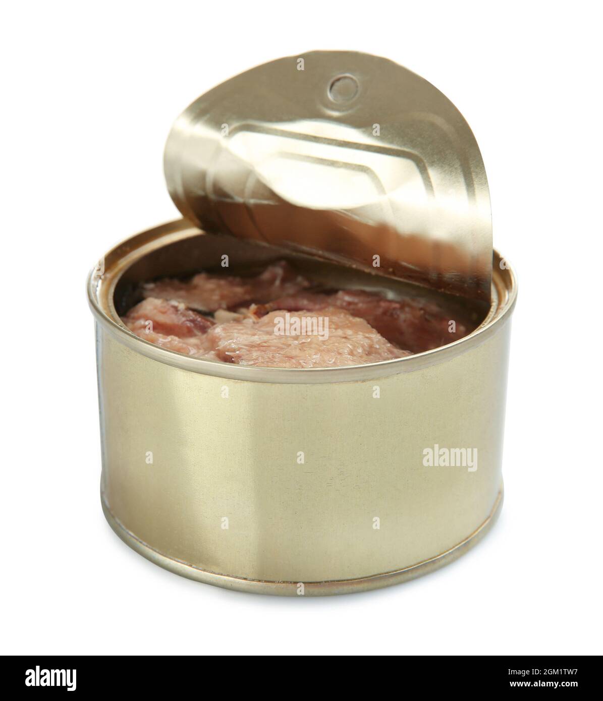Open tin can with fish on white background Stock Photo - Alamy