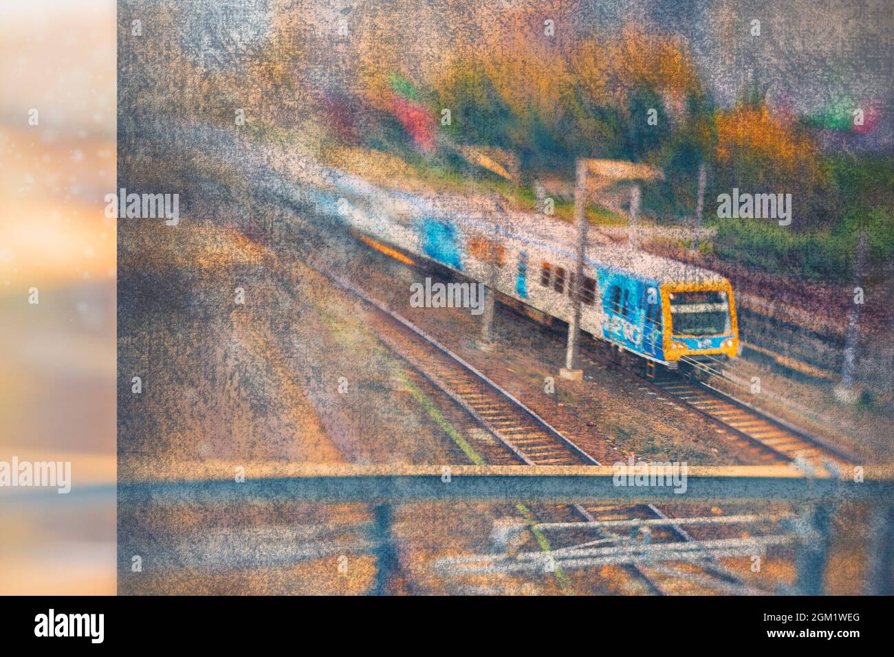 Train on tracks with a texture Stock Photo - Alamy