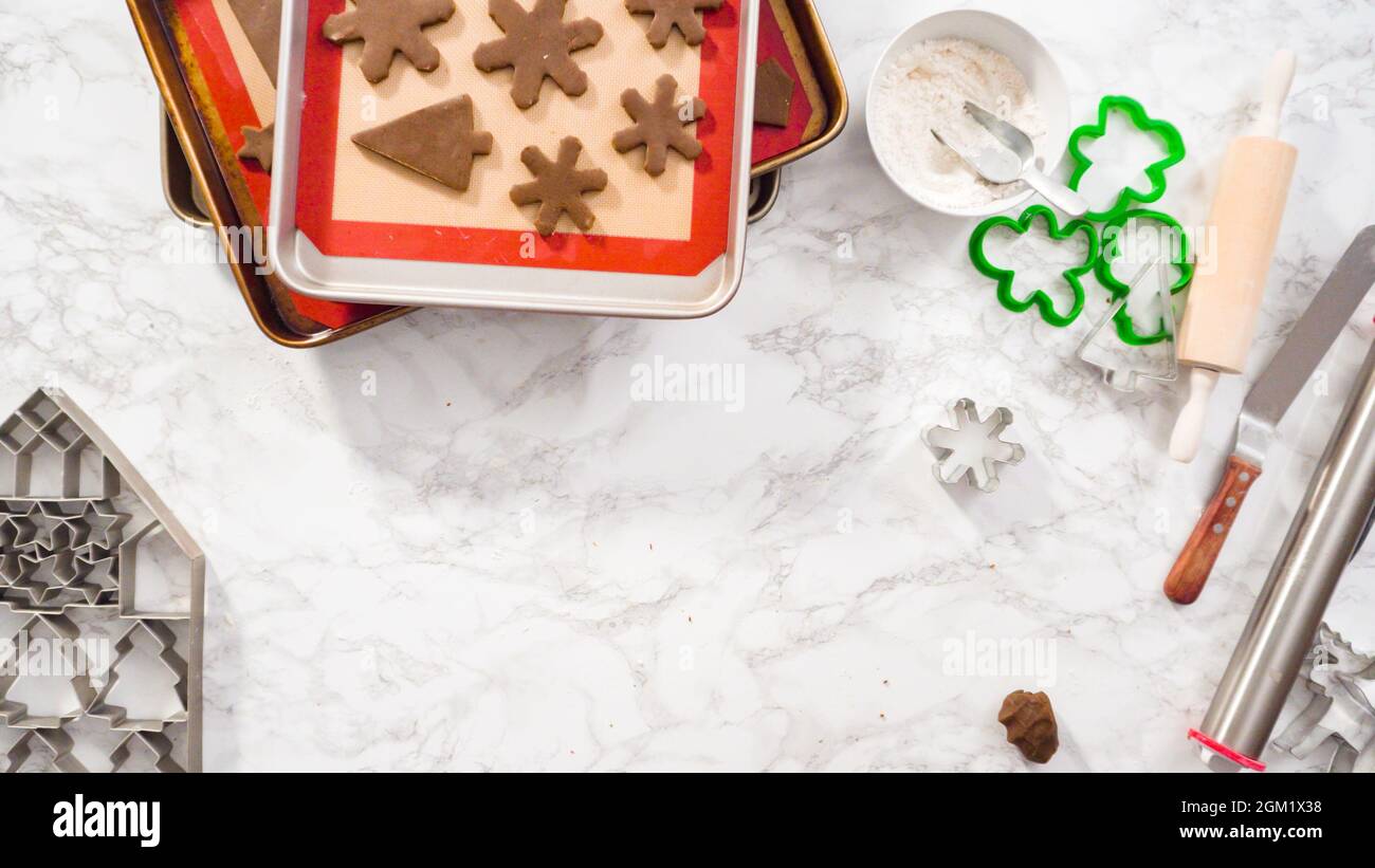 Flat lay. Step by step. Rolling out gingerbread cookie dough to bake ...
