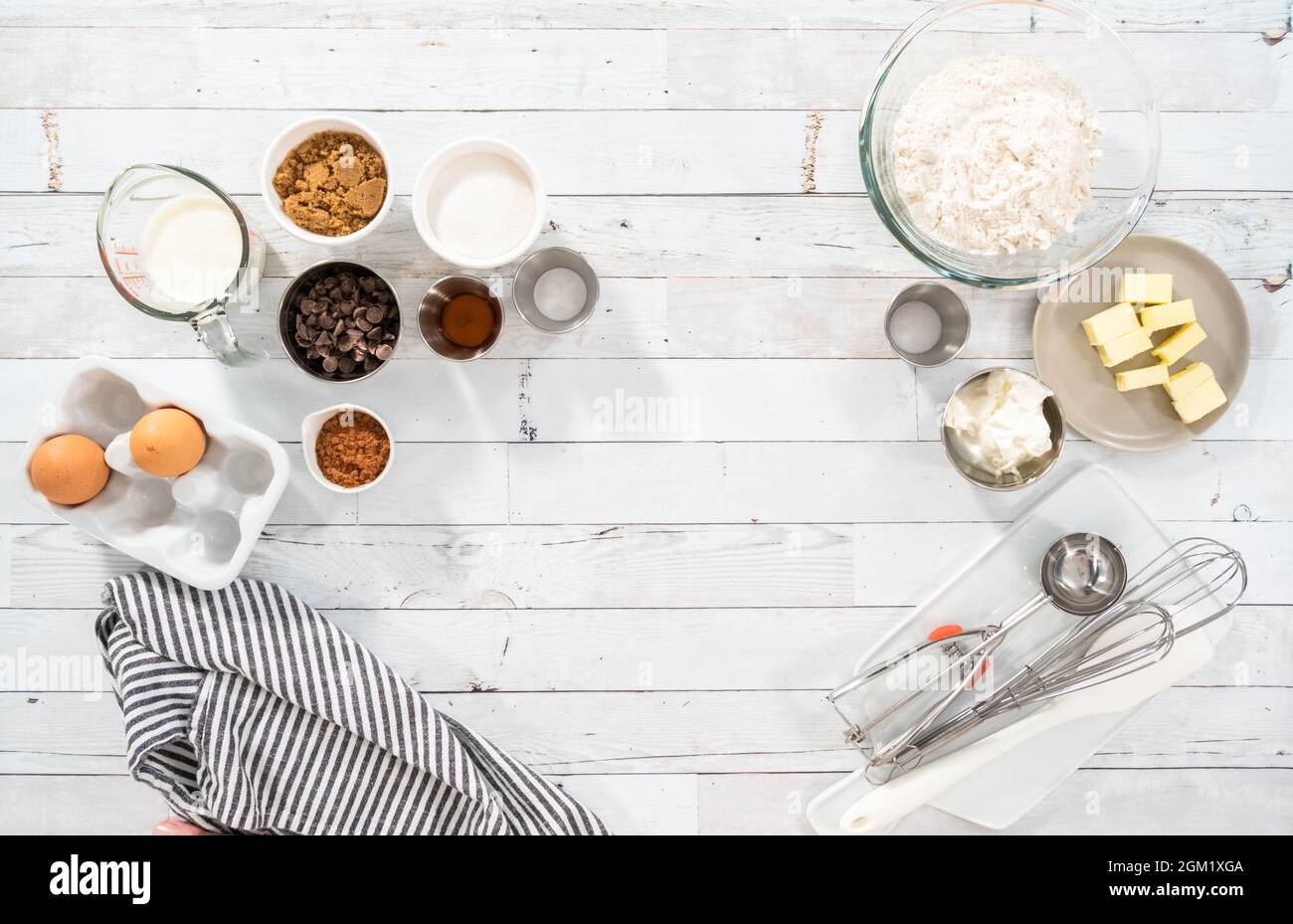 Flat lay. Ingredients to bake chocolate raspberry cupcakes Stock Photo ...