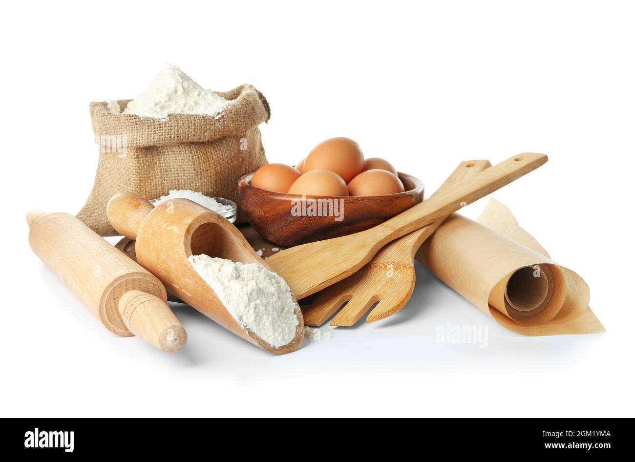 Fresh products and kitchen utensils on white background Stock Photo - Alamy