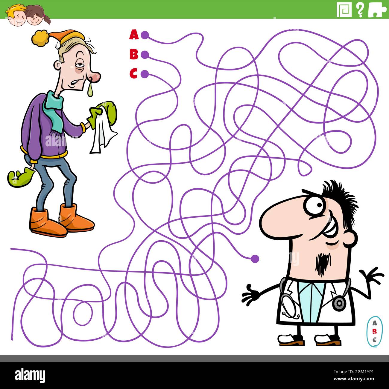 Cartoon illustration of lines maze puzzle game with doctor character ...
