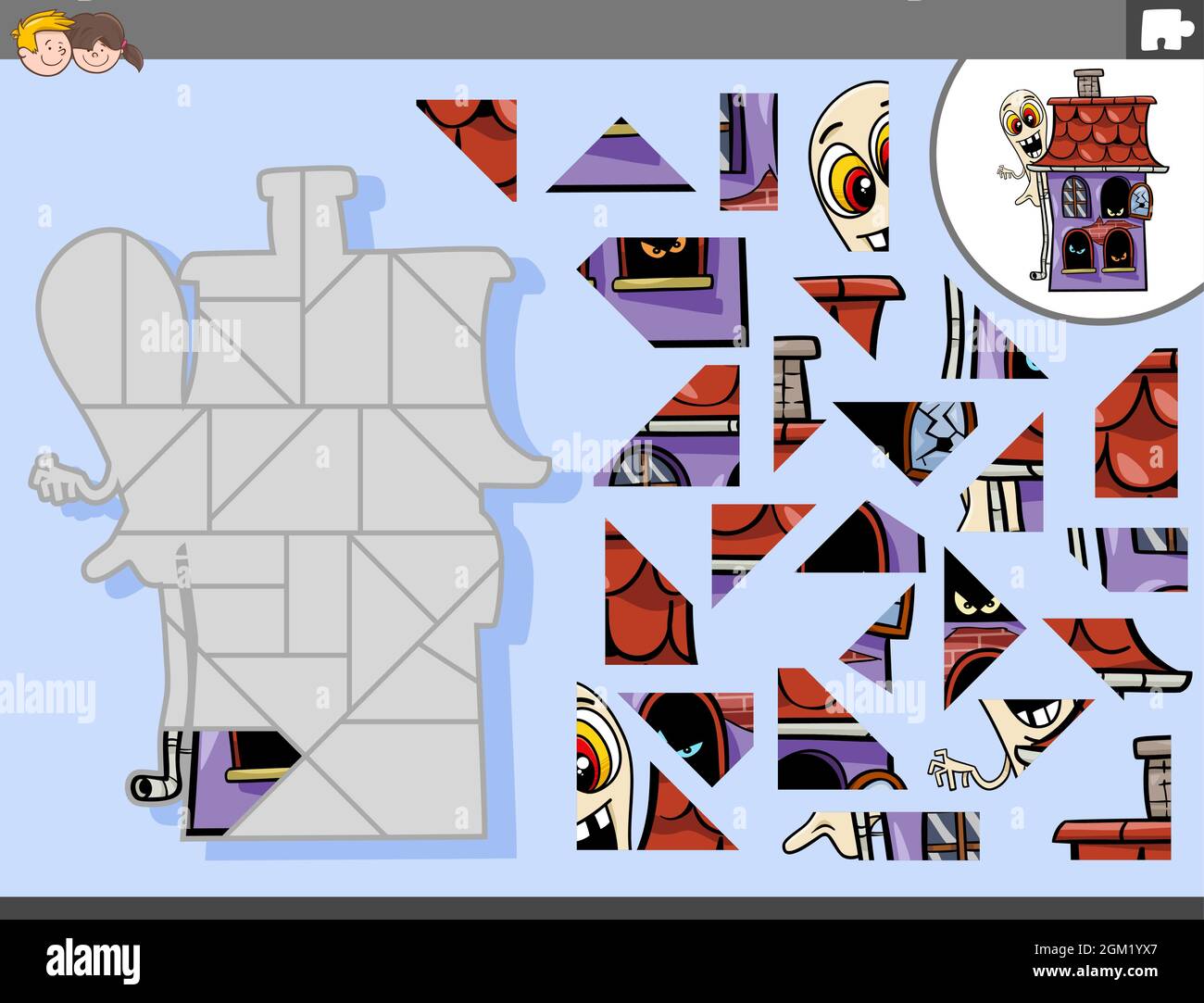 Cartoon illustration of educational jigsaw puzzle game for children ...