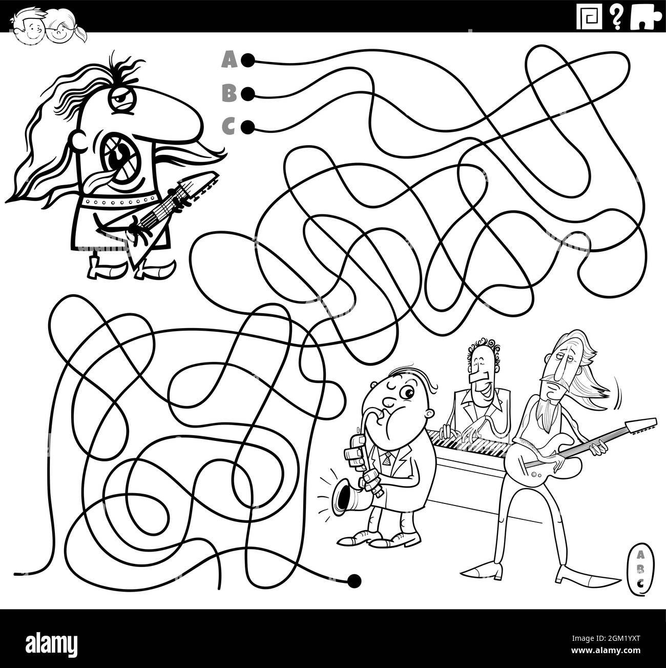 Black and white cartoon illustration of lines maze puzzle game with ...