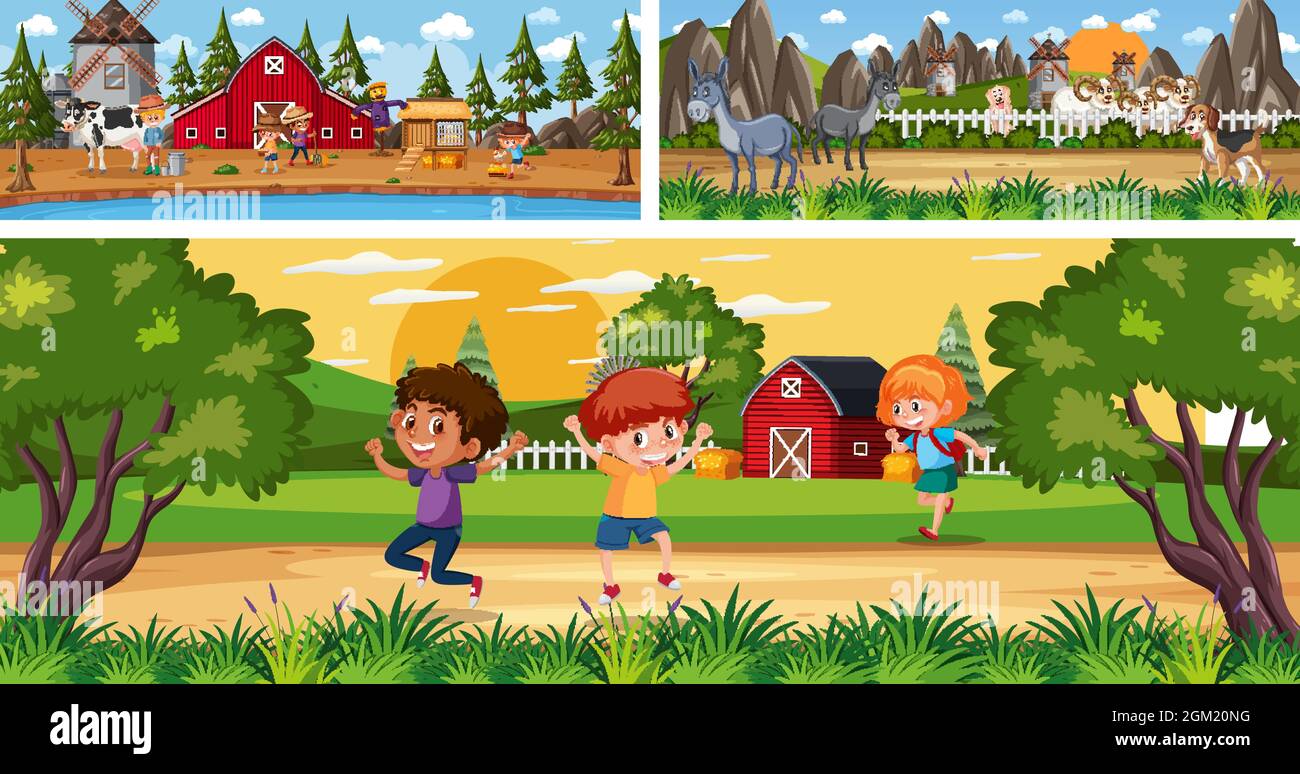 Outdoor panoramic landscape scenes set with cartoon character ...