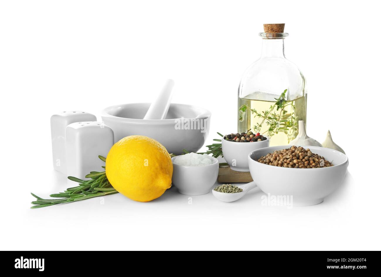 Different spices and kitchenware on white background Stock Photo - Alamy