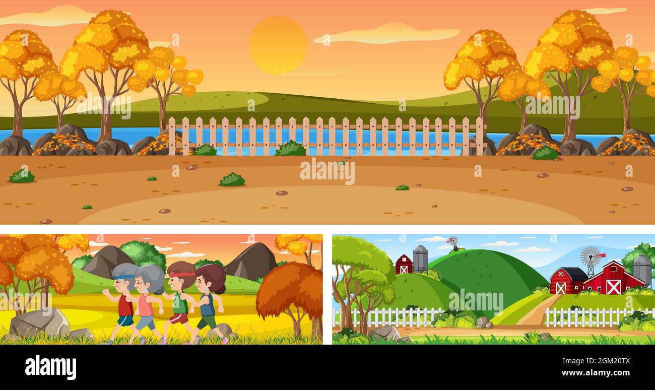 Outdoor panoramic landscape scenes set with cartoon character ...