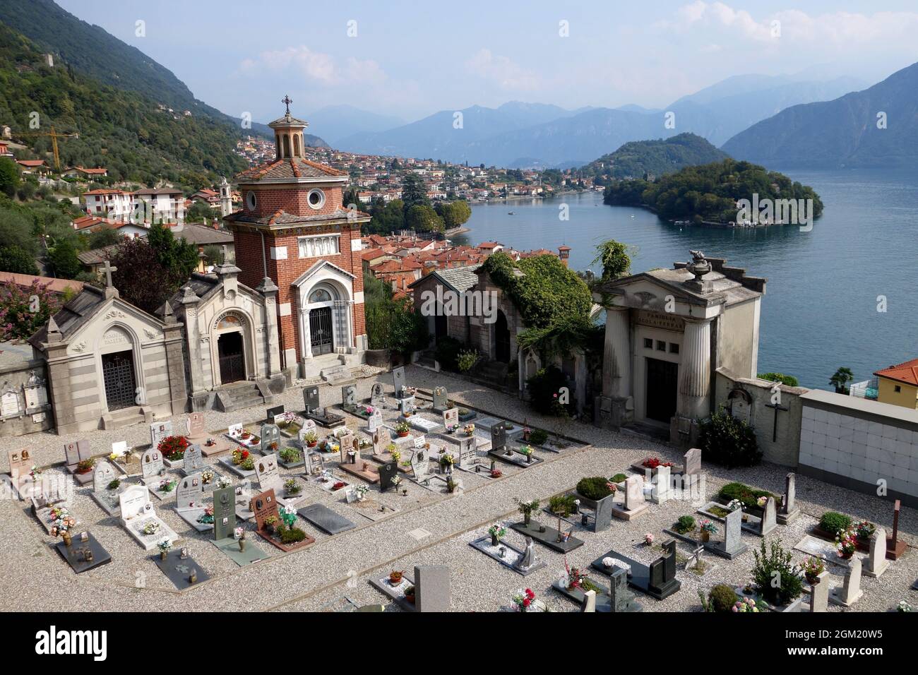 Sala Comacina cemetery overlooking Lake Como and Comacina Island at ...