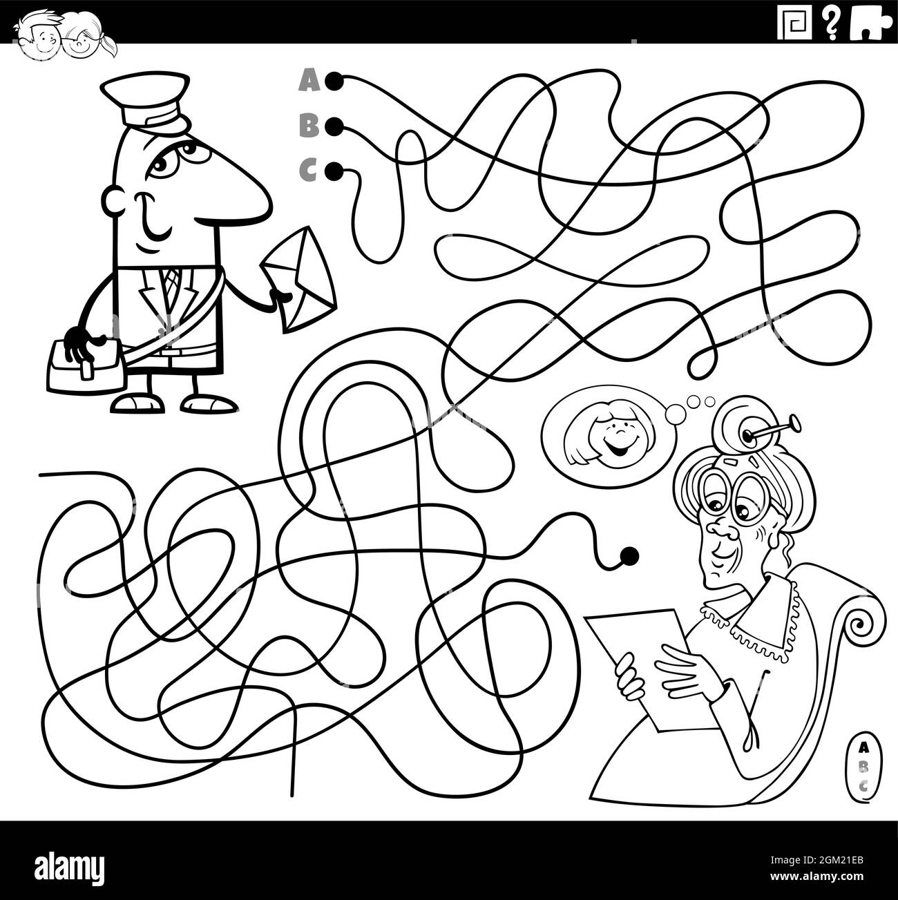 Black and white cartoon illustration of lines maze puzzle game with ...