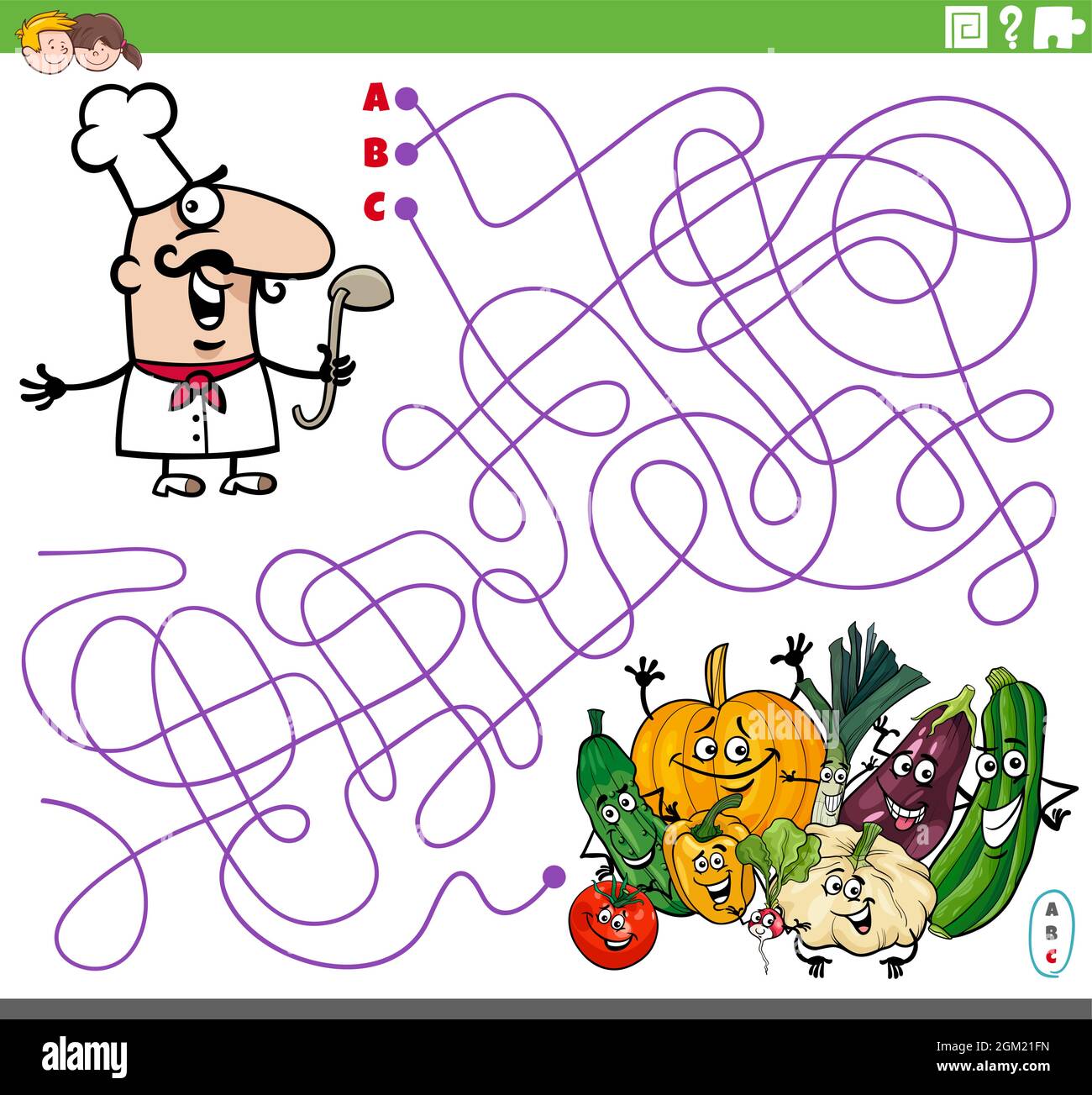 Cartoon illustration of lines maze puzzle game with chef character and ...