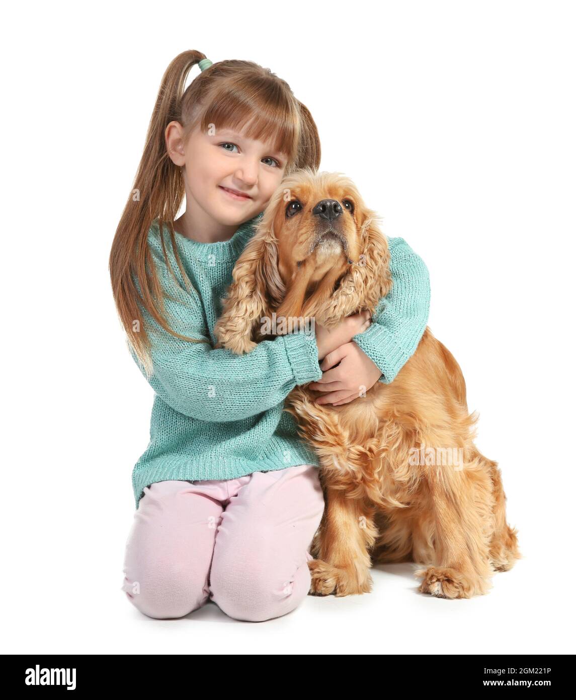 Cute little girl with funny dog on white background Stock Photo - Alamy