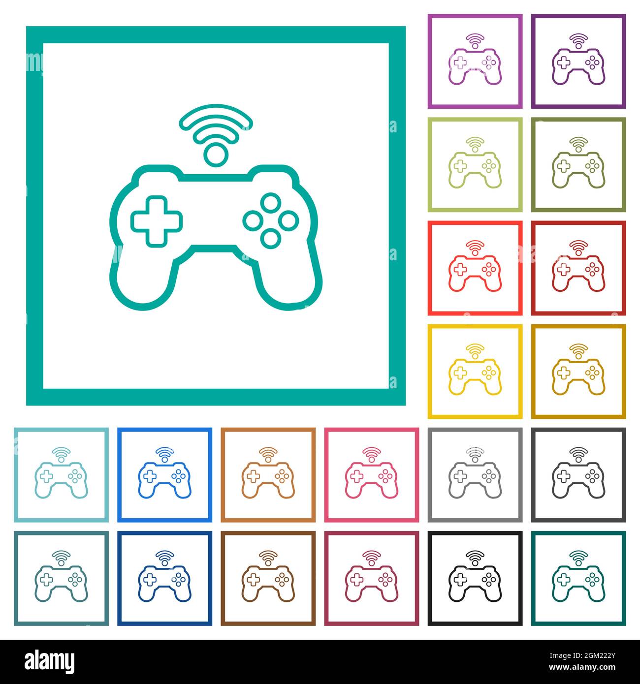 Wireless game controller outline flat color icons with quadrant frames ...