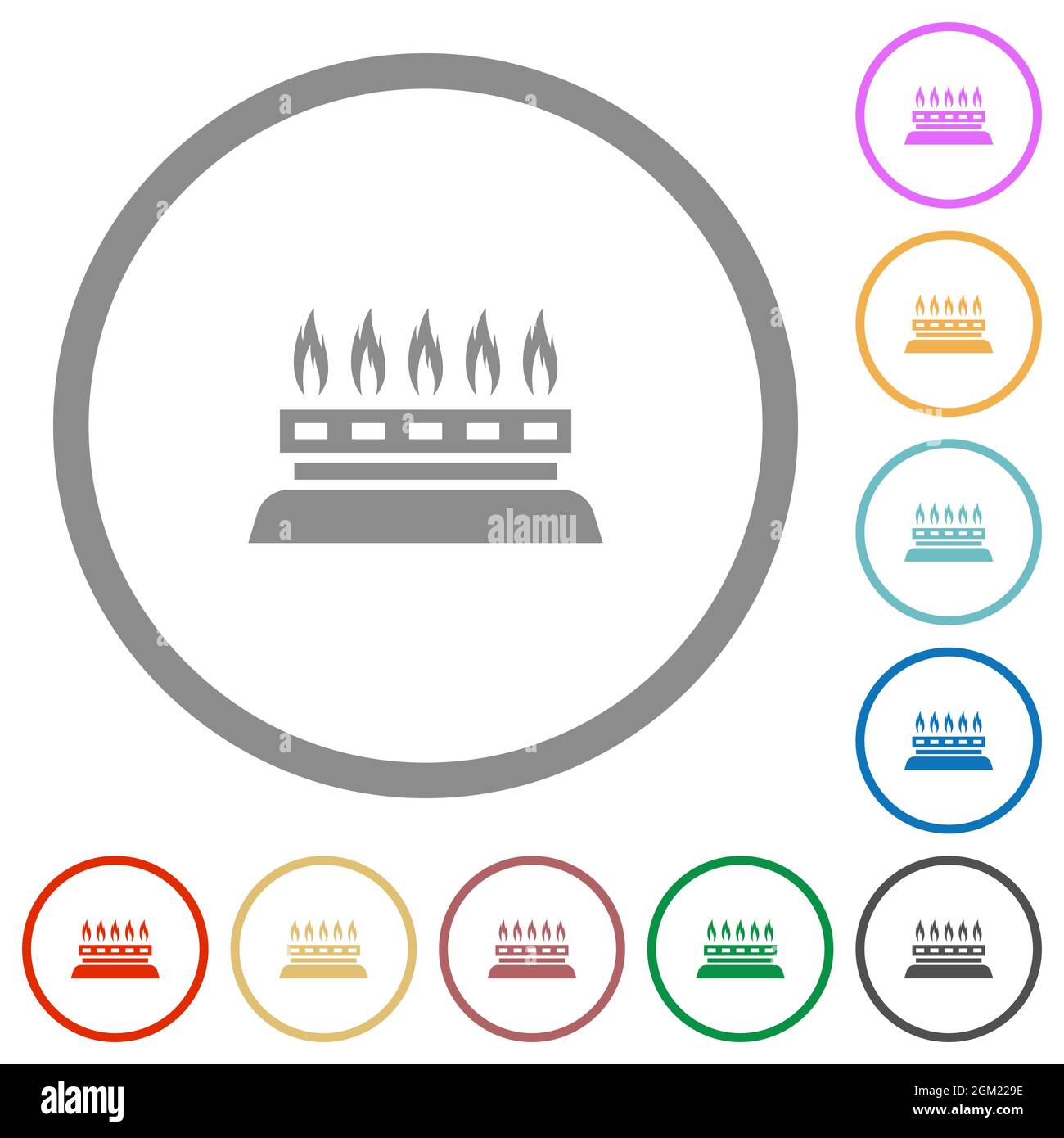 Kitchen gas stove flat color icons in round outlines on white ...
