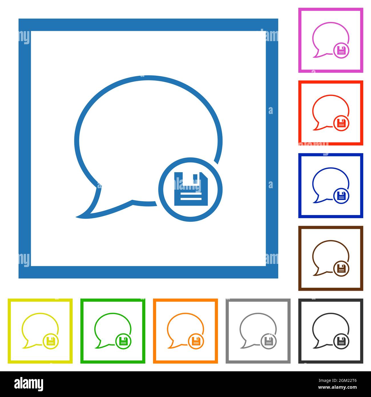 Save message outline flat color icons in square frames on white ...