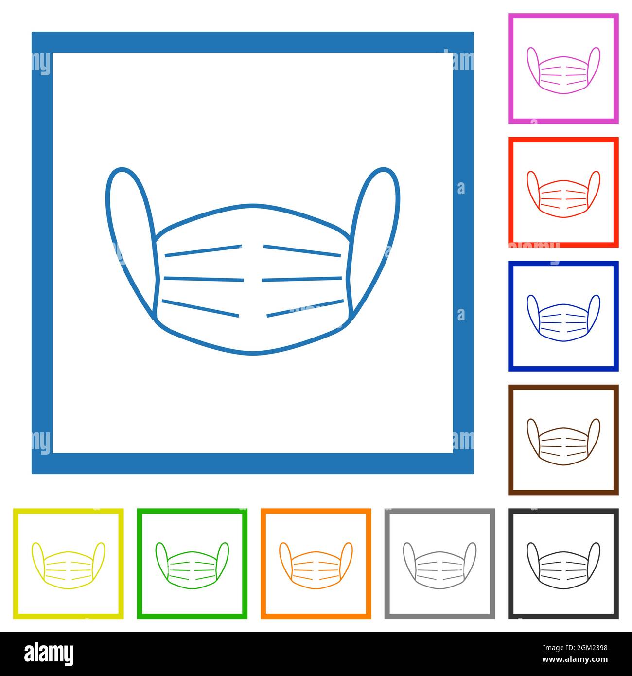 Medical face mask outline flat color icons in square frames on white ...