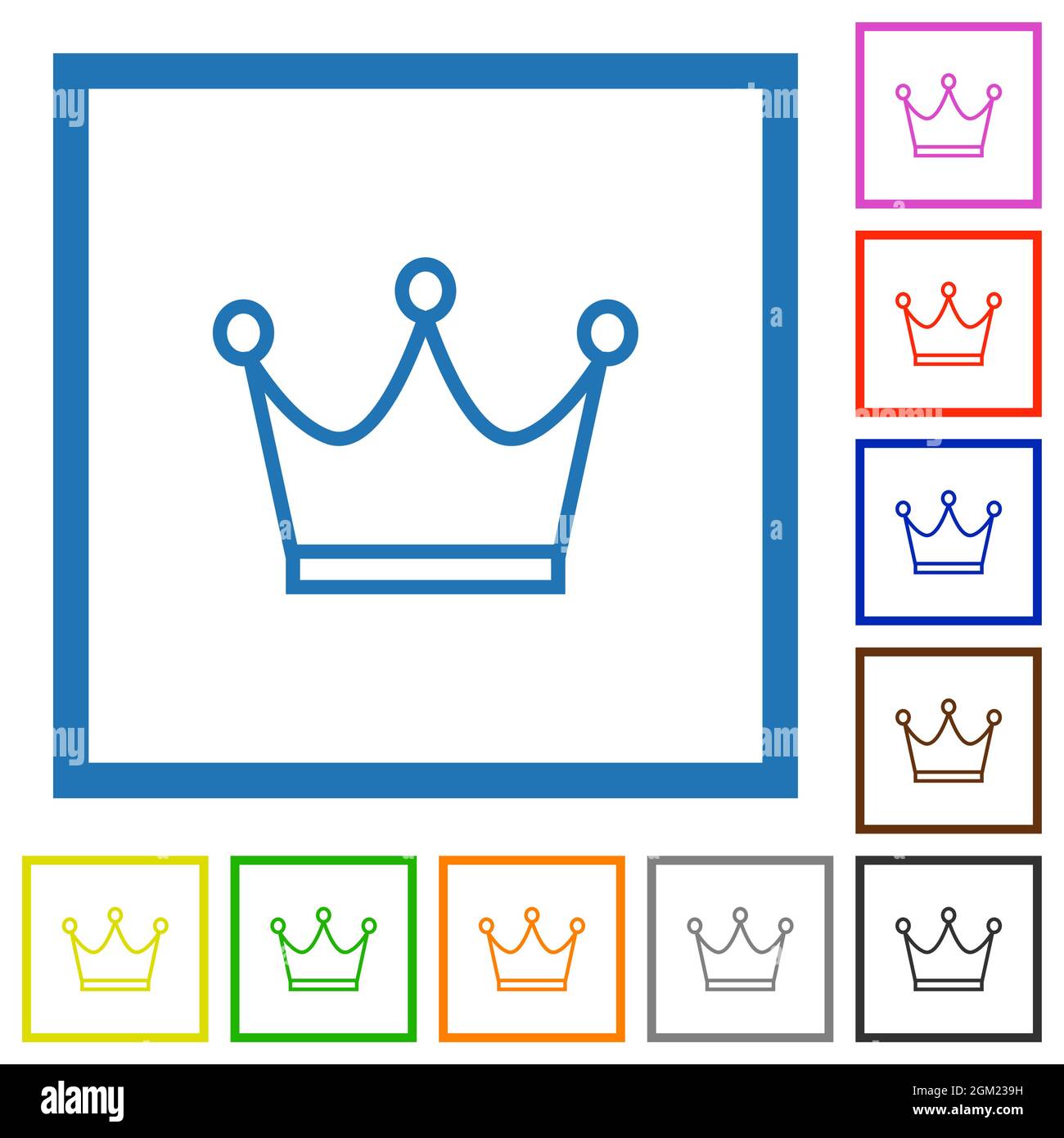 Crown outline flat color icons in square frames on white background ...
