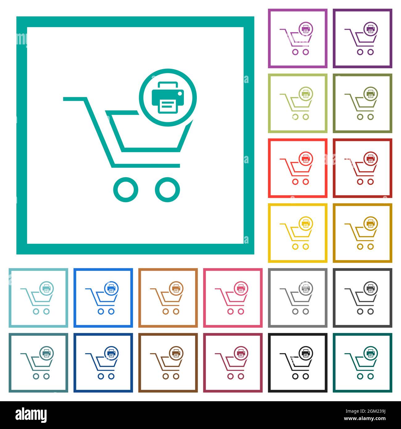 Print cart items outline flat color icons with quadrant frames on white ...