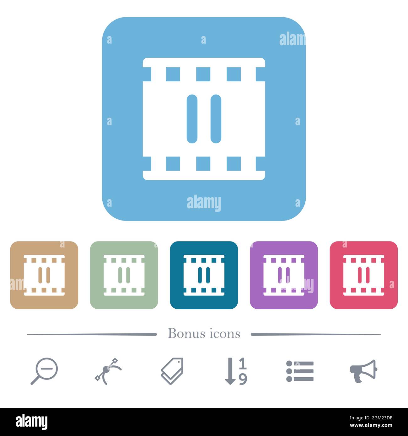 Pause movie white flat icons on color rounded square backgrounds. 6 ...