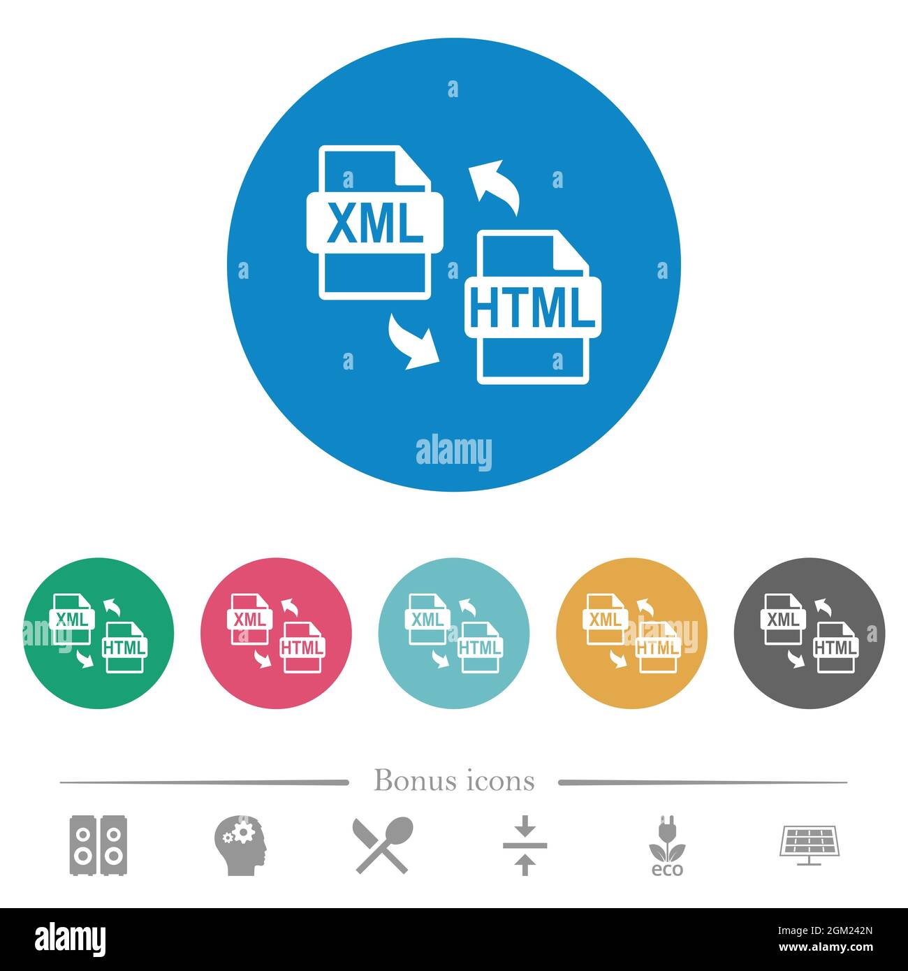 XML HTML file conversion flat white icons on round color backgrounds. 6 ...