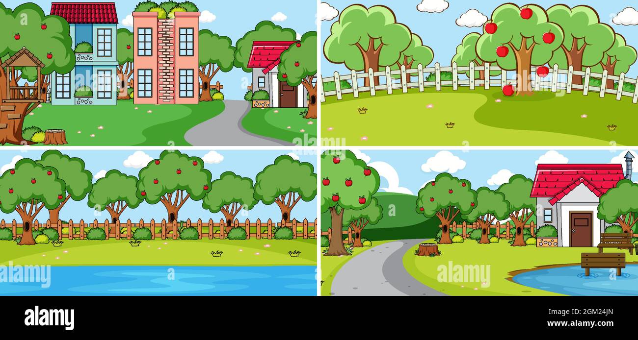 Outdoor scene set with many kids doodle cartoon character illustration ...