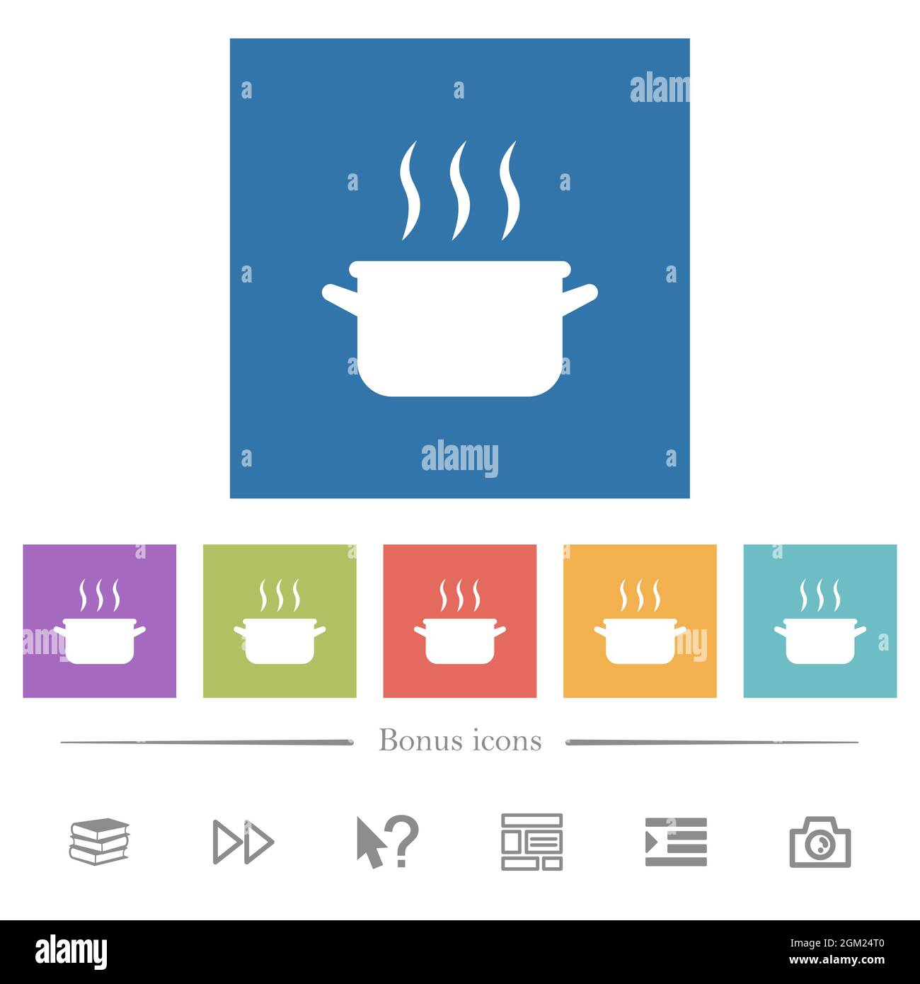 Steaming pot flat white icons in square backgrounds. 6 bonus icons ...