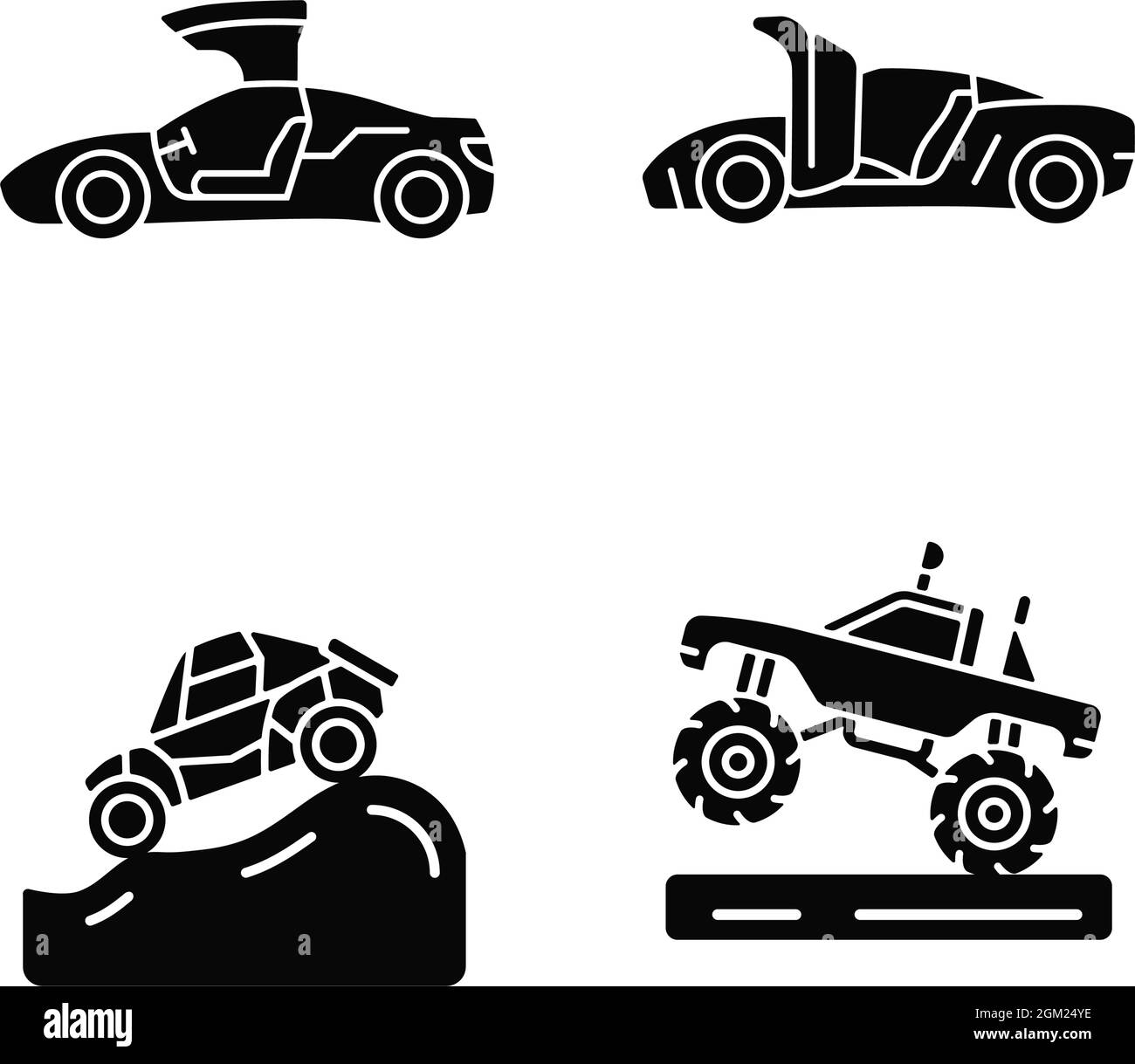 Driving specially-modified vehicles black glyph icons set on white ...