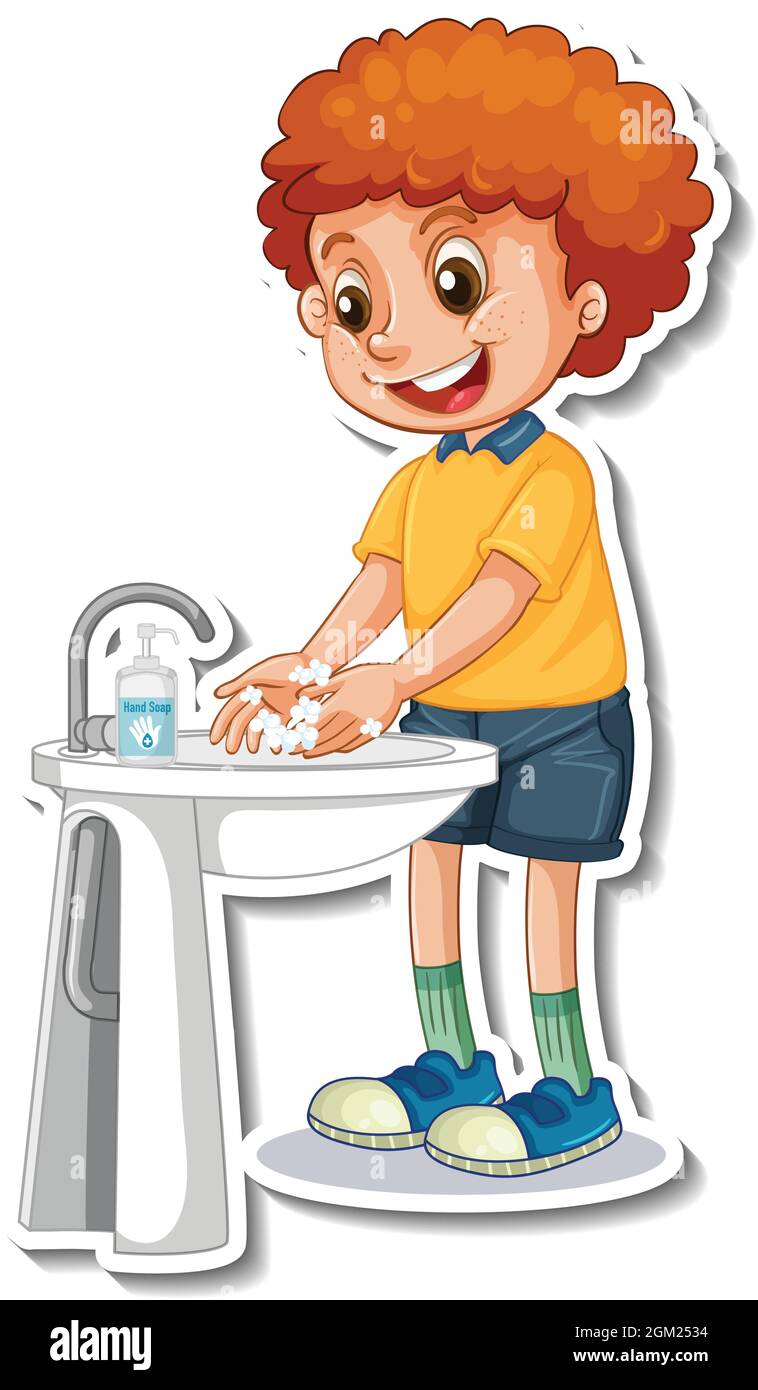 A sticker template with a boy washing hands illustration Stock Vector ...