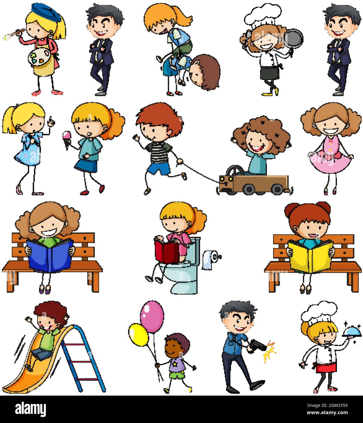 Set of different doodle kids cartoon character illustration Stock ...