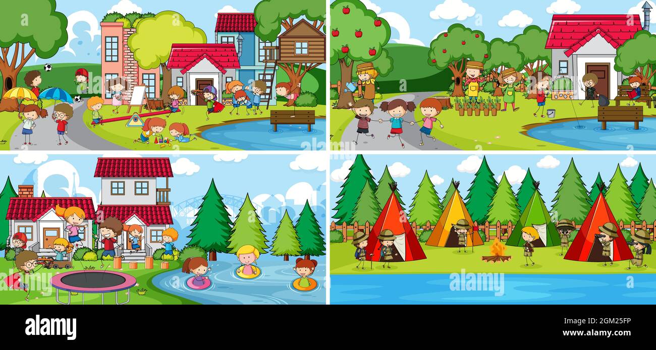 Outdoor scene set with many kids doodle cartoon character illustration ...