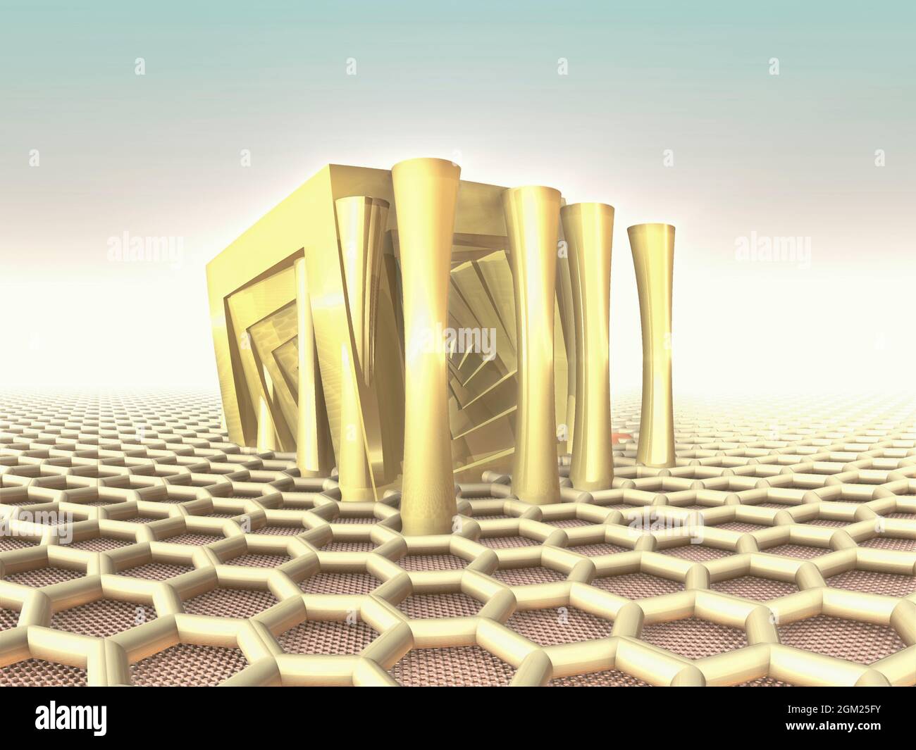 3d rendering of an abstract golden structure with columns on a ...
