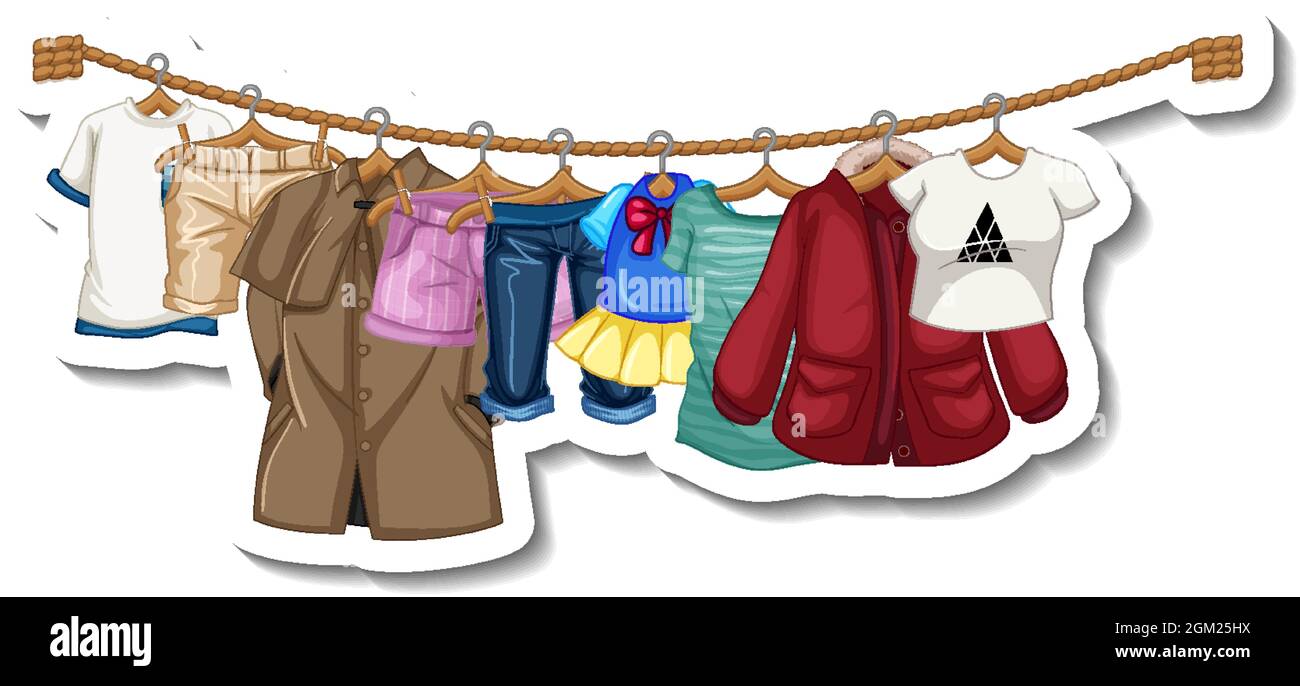 A sticker template of Clothes racks with many clothes on hangers on ...
